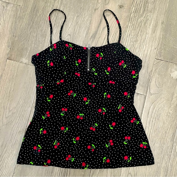 Tops | Cherry Print Top Black Red Spaghetti Strap Sm | Poshmark